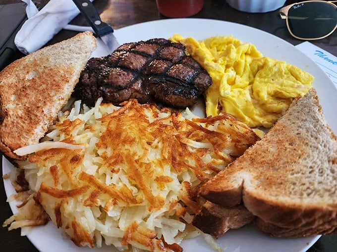 Steak and eggs—the breakfast of champions, or anyone who wants to feel like one. Those hashbrowns deserve their own fan club.