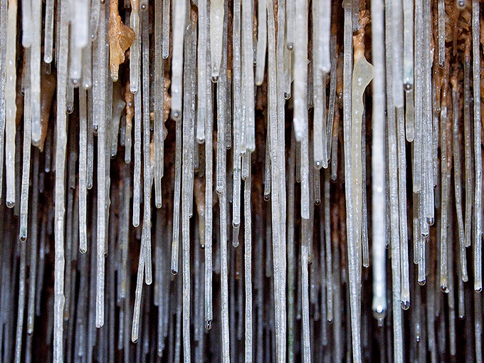 The delicate "Straw Forest" dangles from the ceiling like nature's wind chimes, each hollow tube growing at the glacial pace of one inch per century.