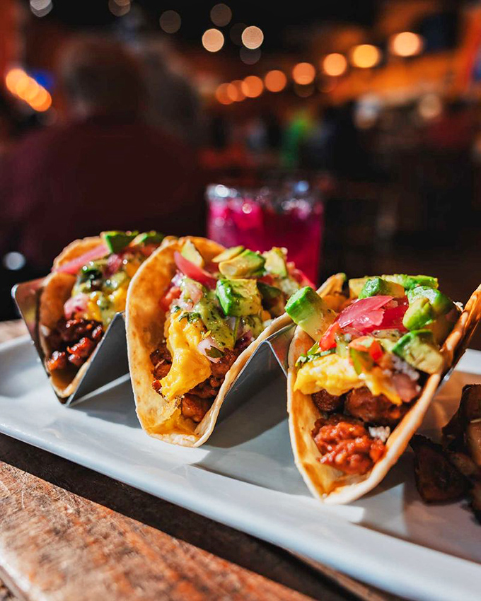 Breakfast tacos that blur the line between morning and afternoon meals. That avocado isn't just garnish—it's essential happiness.