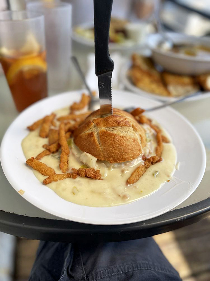 The holy grail of chowder experiences! A sourdough bread bowl swimming with creamy clam goodness—where the vessel is as delicious as its contents.