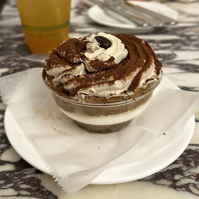 Tiramisu in a cup—because sometimes you need your coffee and dessert in one convenient package. Italian efficiency at its most delicious.