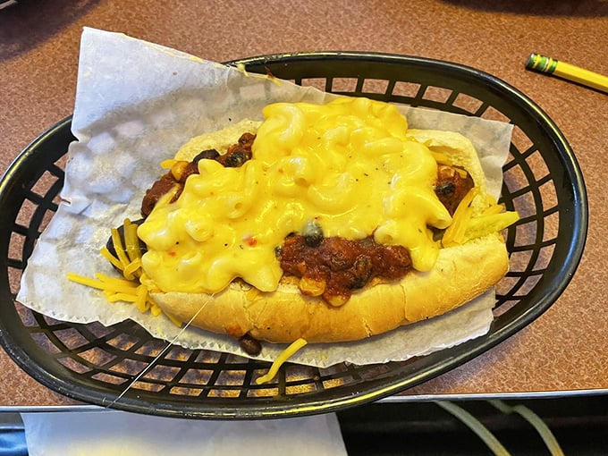Mac and cheese on a hot dog? It's not a question of why, but why didn't we think of this sooner? Comfort food squared.