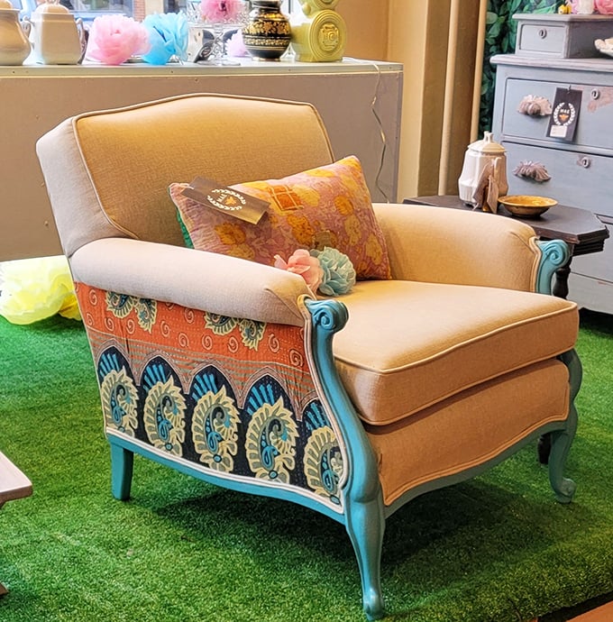 This reimagined French provincial chair proves everything old becomes new again—especially when dressed in turquoise with a splash of bohemian pattern.