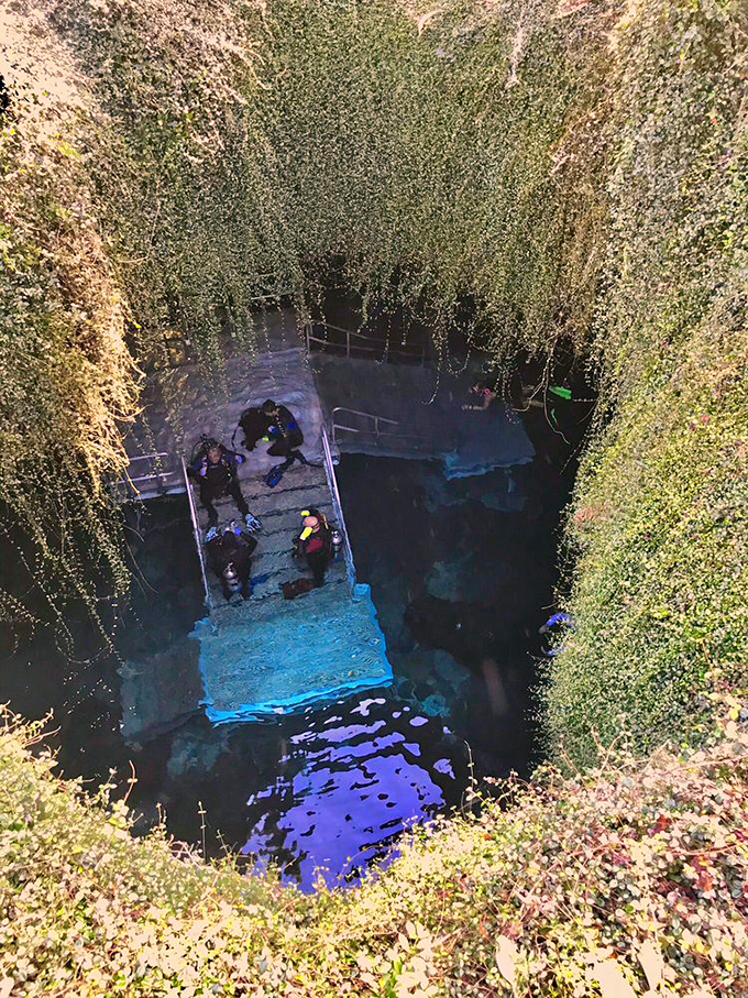 The platform beckons snorkelers into a prehistoric swimming pool. No chlorine needed—just 33,000 years of natural filtration.