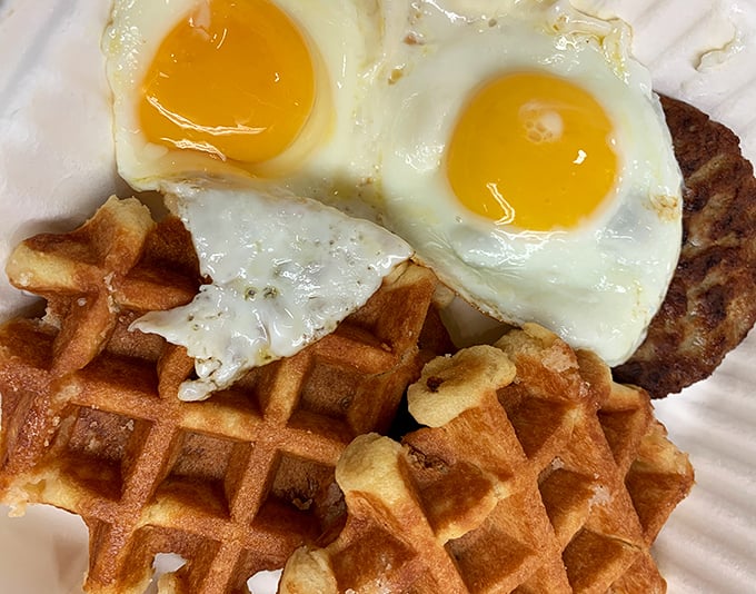 Waffles and eggs, the breakfast duo that's stood the test of time. Those perfectly runny yolks are nature's best sauce.