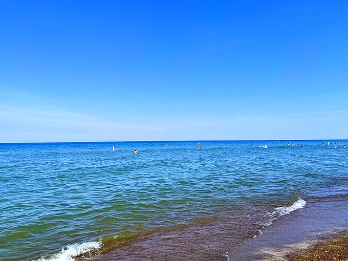 Lake Michigan showing off its Caribbean cosplay. The water's impossible blue gradient makes you question everything you thought about Midwestern geography.