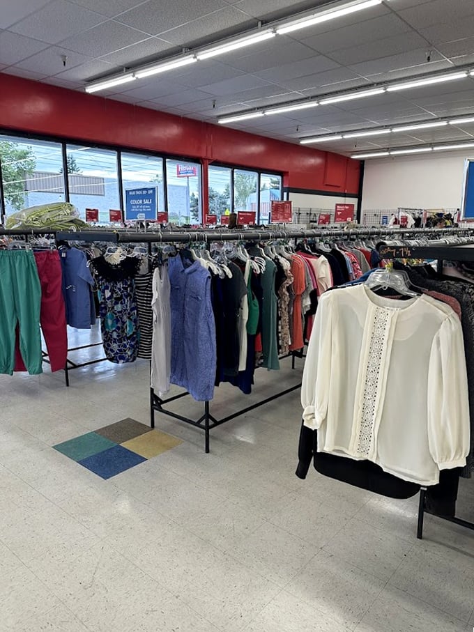 Fashion archaeology at its finest – each rack contains layers of style history from different decades, all priced less than your morning latte habit.