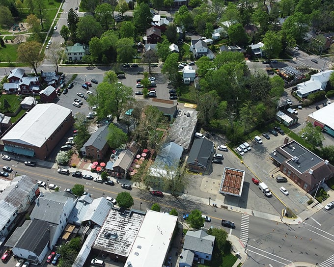 From above, Yellow Springs reveals itself as a perfect patchwork of small-town planning—where nature and architecture have been playing nicely for generations.