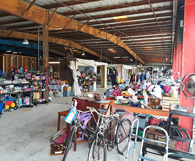 Organized chaos at its finest—vintage bicycles, furniture, and the random treasures that make flea markets the ultimate "I didn't know I needed that" experience.