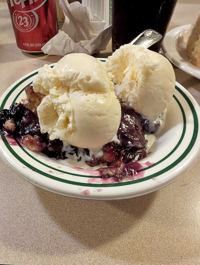 Blueberry cobbler with ice cream melting into warm fruit – dessert that makes you wonder why we ever bothered inventing anything else.