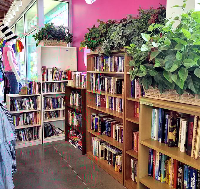 The book section: where literary treasures hide between cookbooks that haven't seen a kitchen since the '90s.