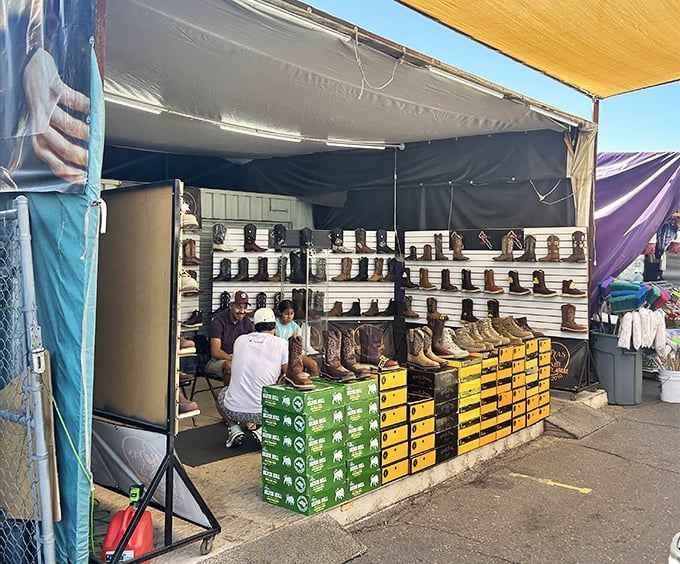 Boot heaven for the urban cowboy! These leather beauties sit patiently, each pair silently promising to make you two inches taller and infinitely cooler.