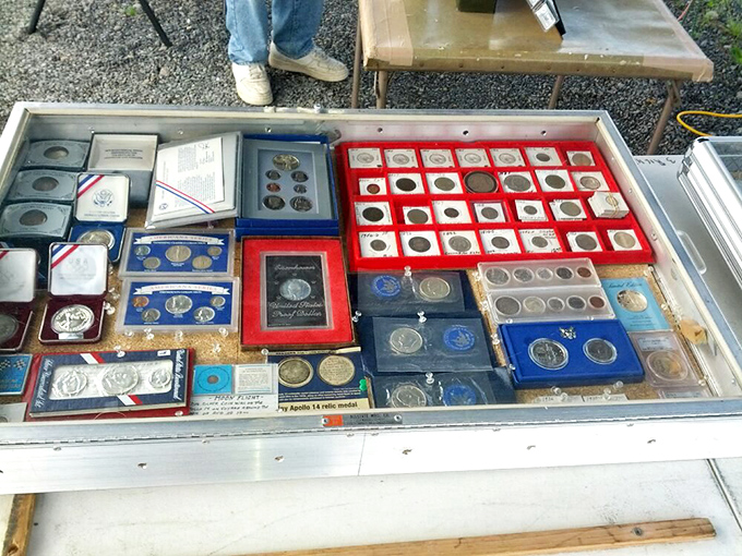 Numismatic nirvana for collectors. Silver dollars and proof sets gleam under the morning sun, each coin a tiny time machine to America's past.