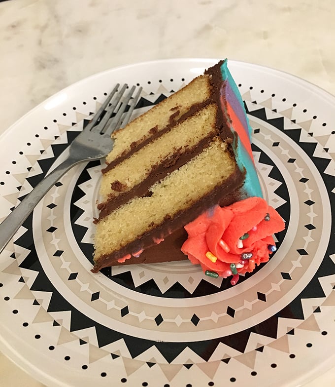 Layer cake that looks like it should be in a museum of modern art – except museums don't let you devour the exhibits with such gleeful abandon.