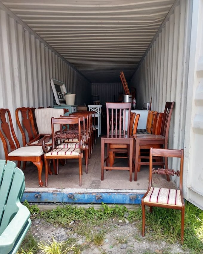 Chair-vana! This shipping container of seating possibilities proves one shopper's cast-off dining set is another's treasure trove of potential.