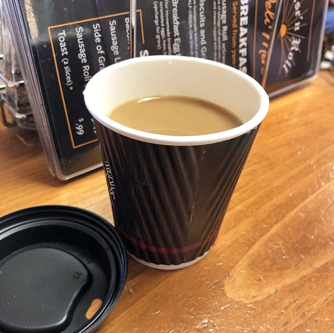 Even the coffee comes with a side of simplicity, served in an unpretentious cup that lets the warm, aromatic brew speak for itself.