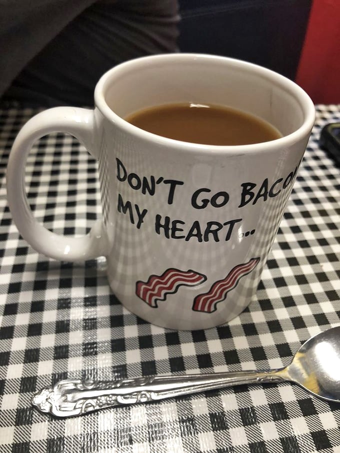 "Don't Go Bacon My Heart" – this coffee mug speaks the universal language of breakfast lovers everywhere. Pair with unlimited refills for maximum enjoyment.
