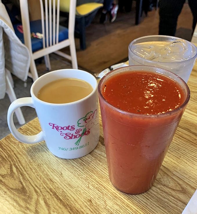 The breakfast beverage trinity: strong coffee, ice water, and tomato juice—the latter being the Midwest's secret hangover cure since time immemorial.