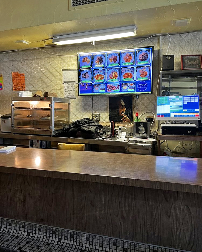 The counter area—where anticipation builds as you watch your Caribbean feast come together behind the scenes.