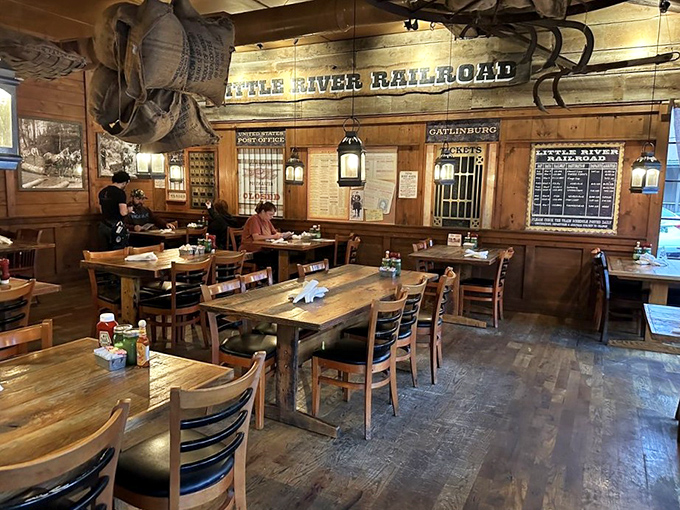 Where railroad memorabilia meets morning hunger – this dining area feels like the mess hall where Paul Bunyan might have fueled up before a day's work.