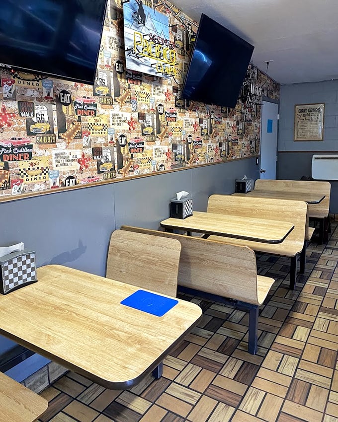 The dining area's nostalgic collage wall could keep you entertained through three milkshakes and a philosophical conversation about the perfect french fry.