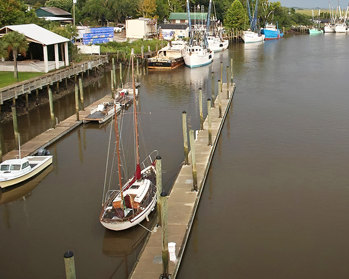 Weathered docks and working boats tell the real story of Darien – a place where seafood isn't just restaurant fare but a way of life measured in tides and catches.