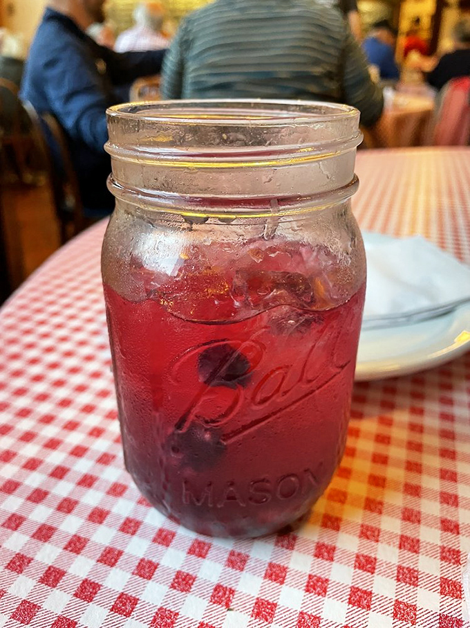 Served in a Mason jar that would make your grandma proud, this ruby-red beverage brings farm-fresh charm to your table.