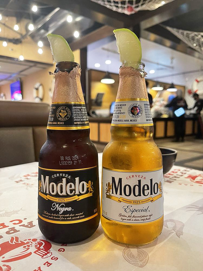 Two Modelos with lime—the perfect palate cleansers between bites of spicy seafood. Beer diplomacy at its finest.