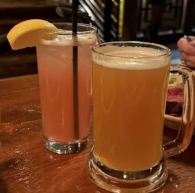 Liquid courage comes in many forms. A frosty mug of beer alongside a blushing cocktail – choose your adventure or try both!