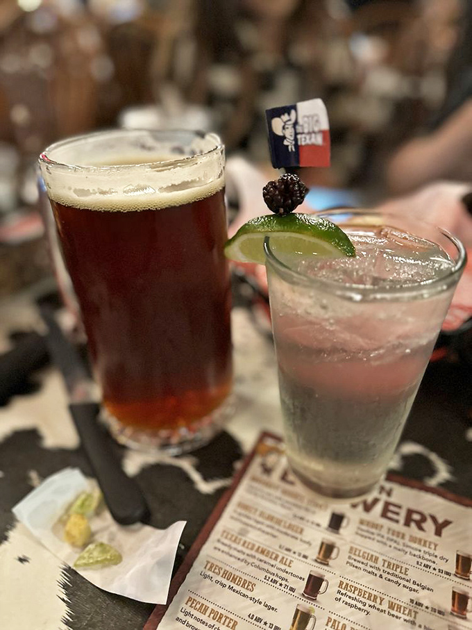 Craft beer and margaritas: the Batman and Robin of Texas dining companions. Those tiny flags aren't just garnish—they're victory banners for your taste buds.