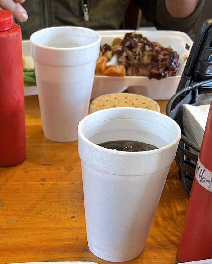 Simple pleasures in styrofoam cups. In BBQ country, sweet tea and soda are more than beverages—they're cooling counterpoints to smoky heat.