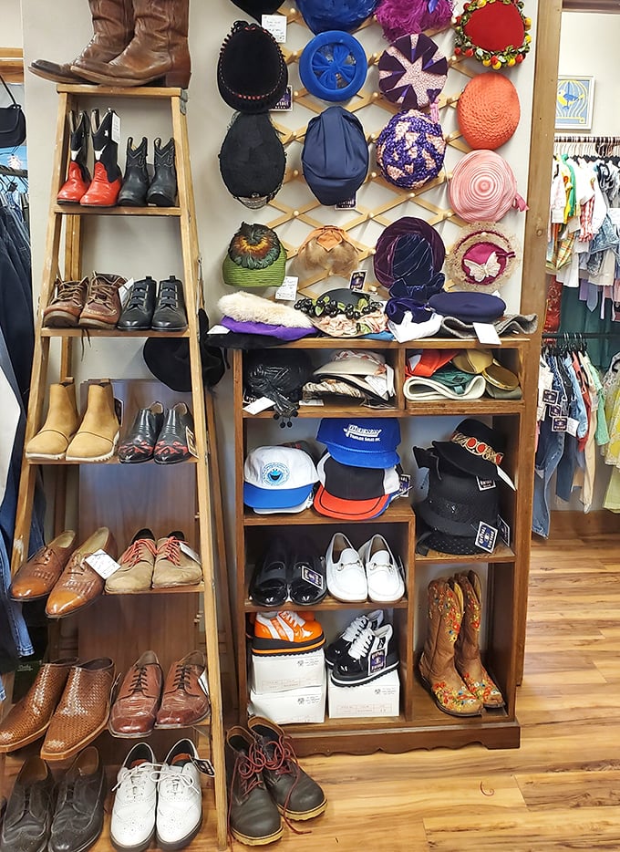 The hat and shoe department—where your head and feet can time-travel to different decades simultaneously.
