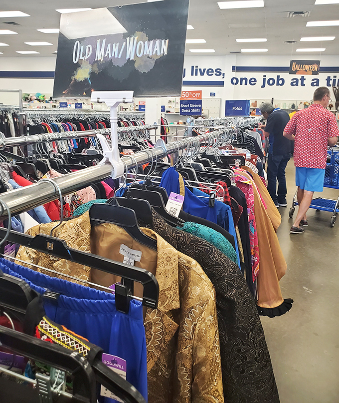 Halloween meets high fashion in the specialty clothing section. That gold brocade jacket? Perfect for both your cousin's wedding and your Elvis impersonation gig.