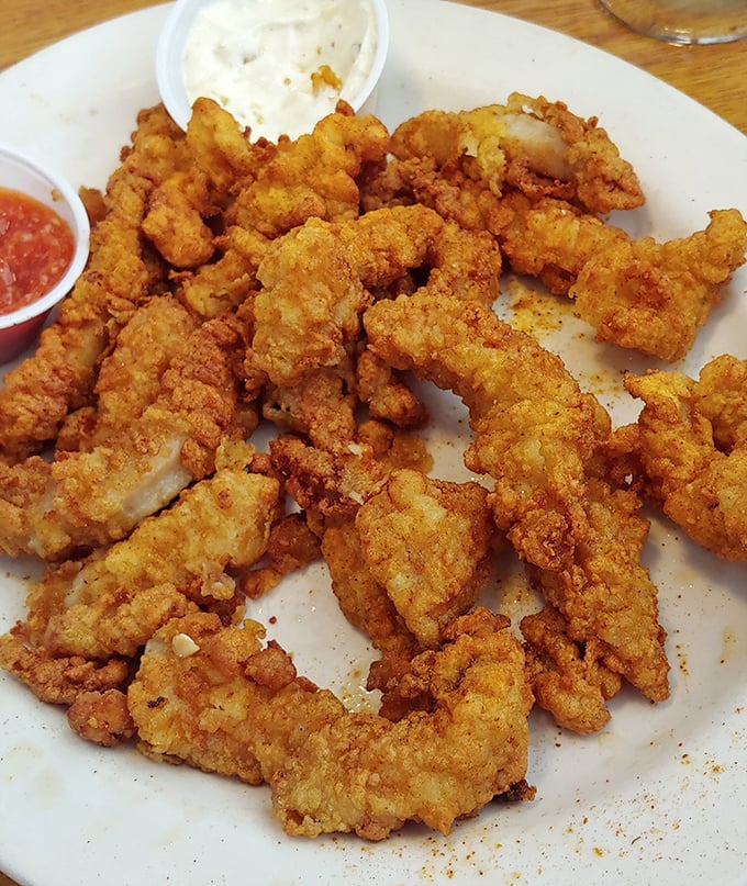 Fried clams arranged like a delicious jigsaw puzzle of crispy goodness. The seafood equivalent of potato chips—bet you can't eat just one.