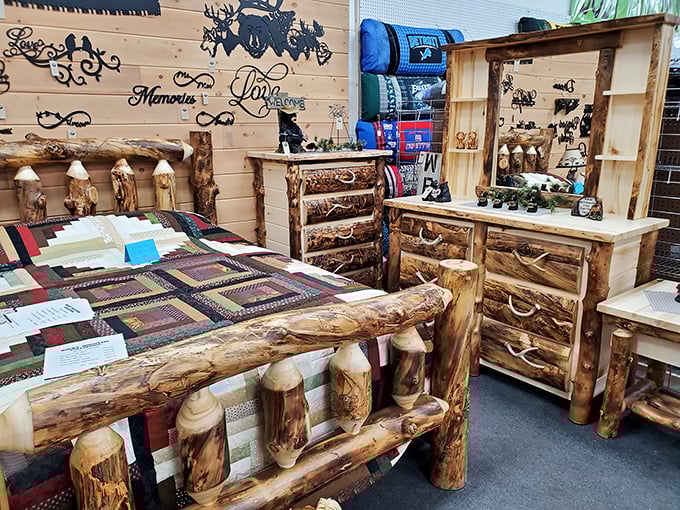 This rustic bedroom set doesn't just furnish a room—it tells a story of forests, craftsmanship, and the enduring appeal of bringing nature indoors.