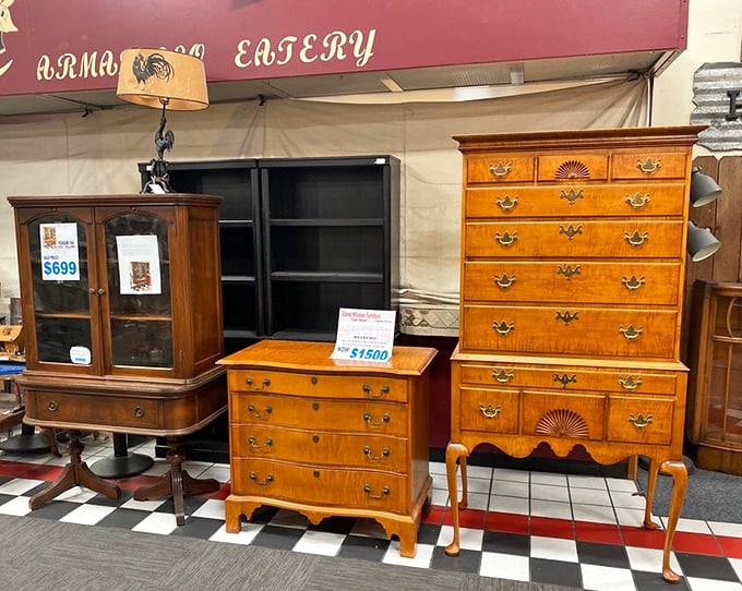 Furniture that tells stories stands at attention. These aren't just dressers and cabinets—they're wooden time capsules with drawers and character.