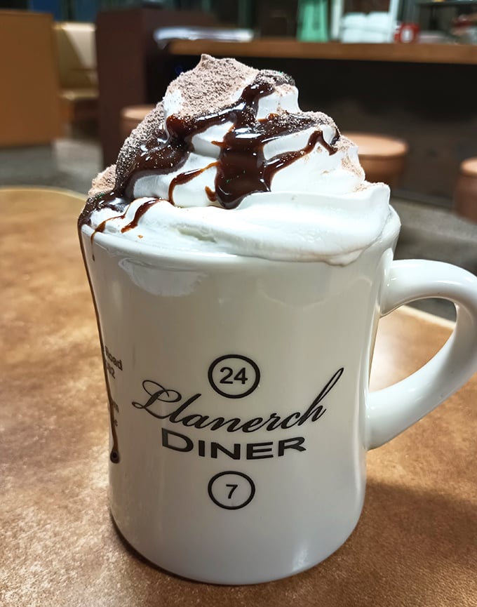 Hot chocolate crowned with a mountain of whipped cream and chocolate drizzle. Served in the diner's signature mug—a souvenir you can't take home.