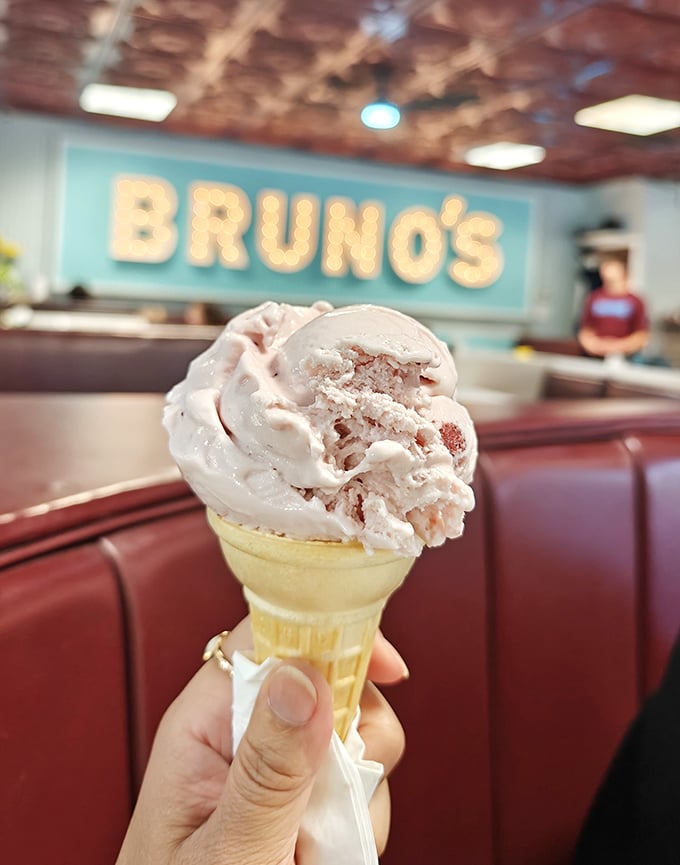 Ice cream at Bruno's – where that perfect scoop in a classic cone proves that sometimes the simplest pleasures are the ones we remember forever.