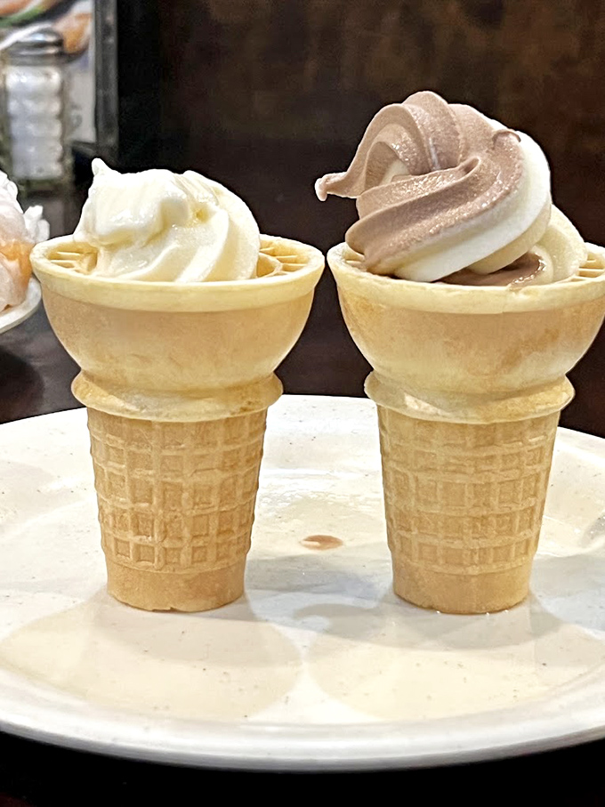Soft-serve ice cream in waffle cones – childhood nostalgia meets grown-up indulgence, and suddenly you're eight years old with a driver's license.