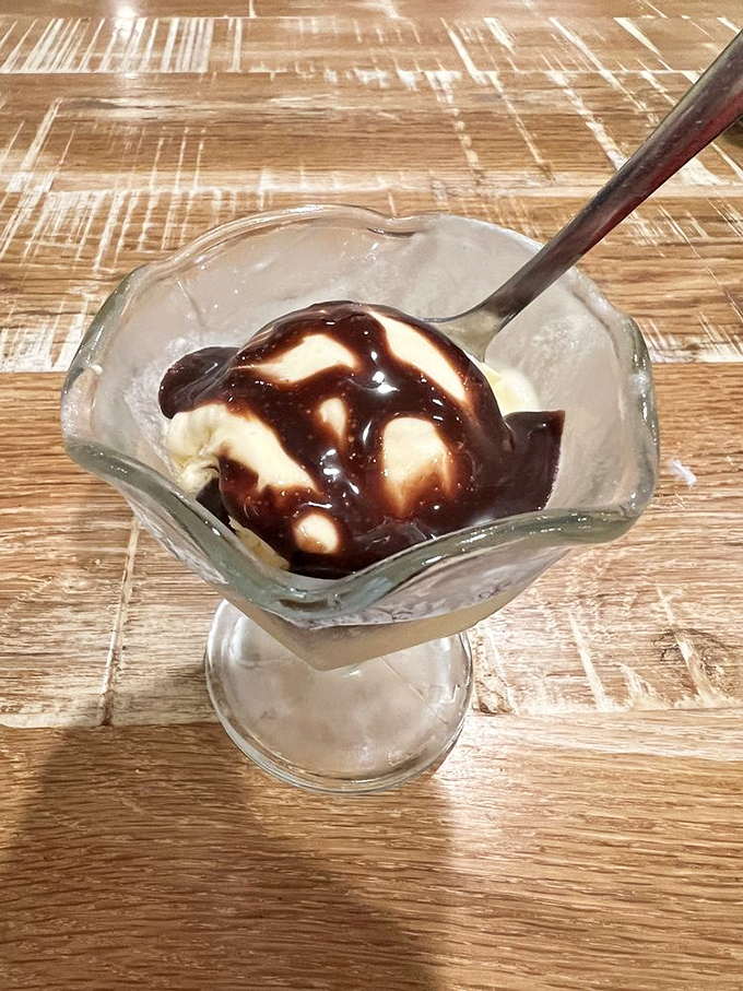 A simple scoop of vanilla ice cream drizzled with chocolate sauce—dessert minimalism that somehow manages to hit all the right notes.
