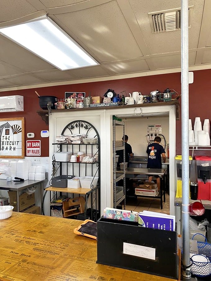 A glimpse into the kitchen where breakfast magic happens. That "My Barn My Rules" sign isn't just decor – it's a philosophy.