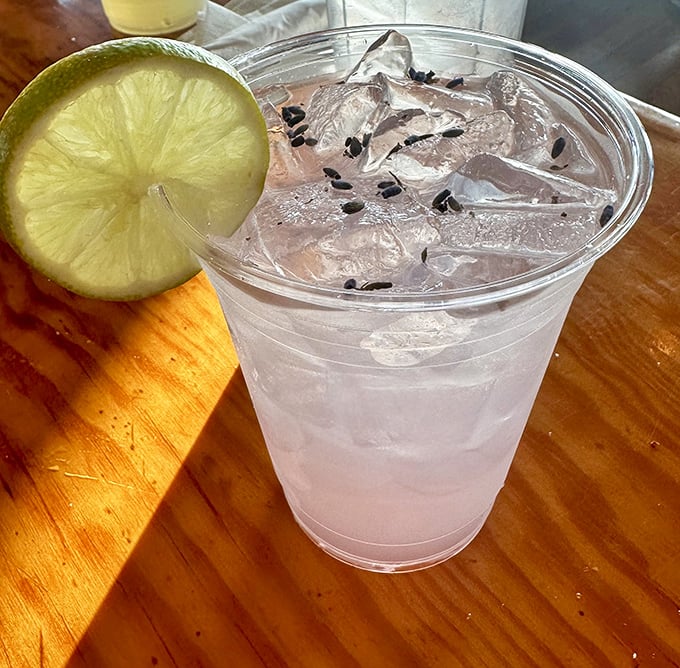Even the drinks here have coastal charm—this lavender lemonade with a lime garnish is what summer in Virginia tastes like in a glass.