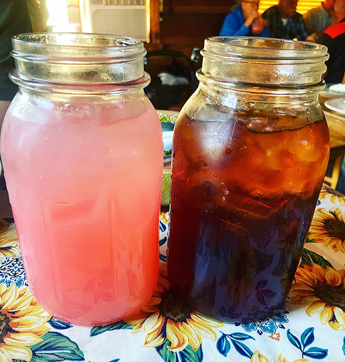Mason jars filled with pink lemonade and sweet tea—because after tackling a steak the size of your head, you'll need serious hydration.