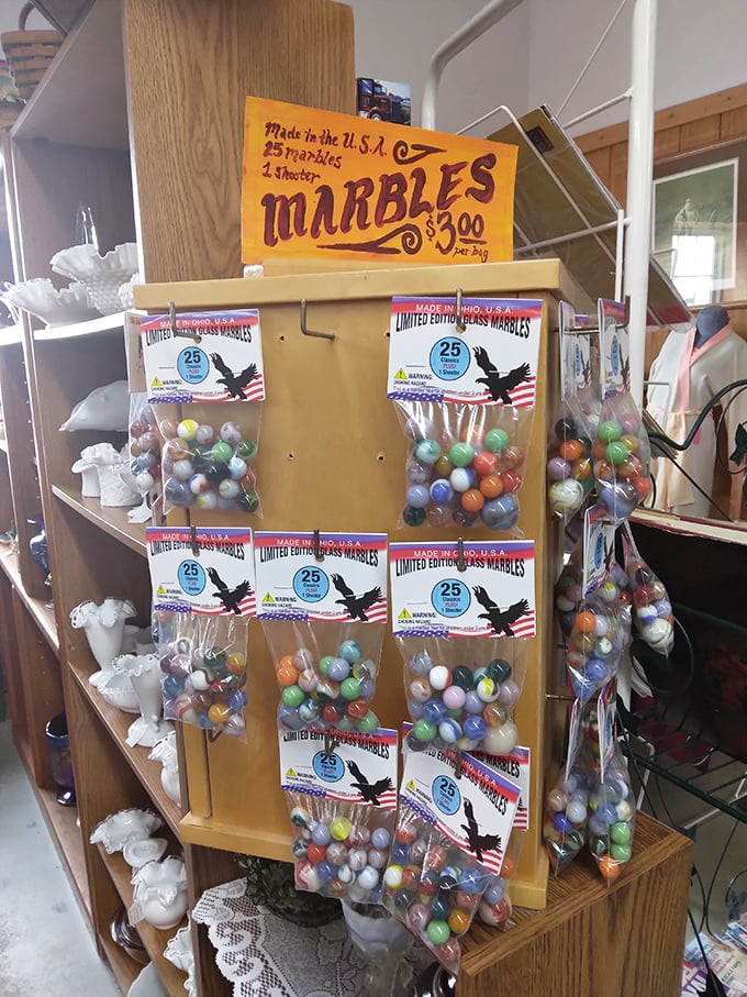 American-made marbles glisten in their packages, tiny glass universes for just $3 a bag. Remember when your biggest worry was losing your shooter to the neighborhood champion?