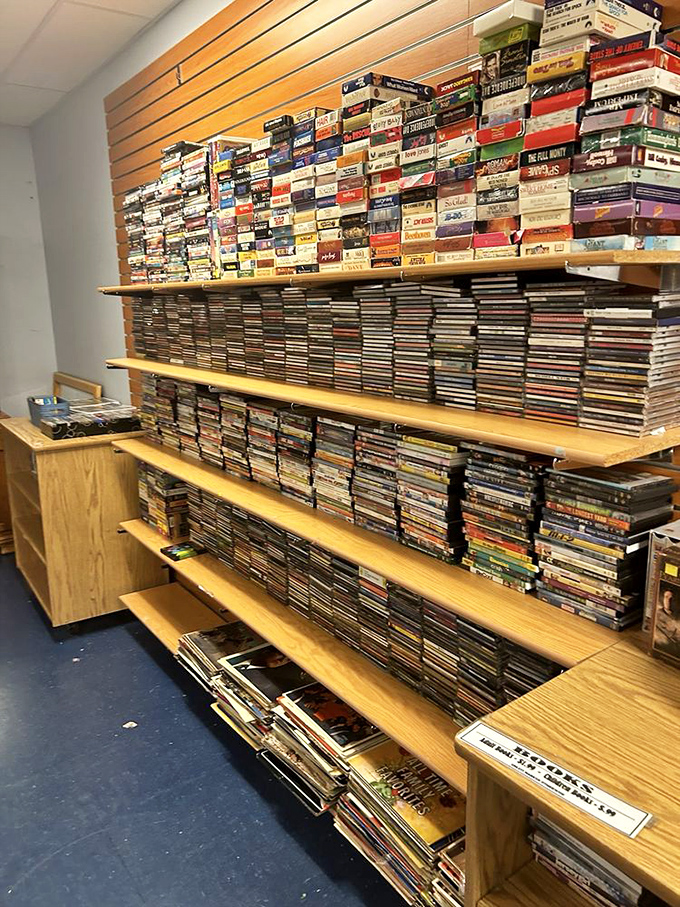 A media collector's dream—shelves packed with forgotten entertainment. Remember when we had to physically stand up to change the movie?