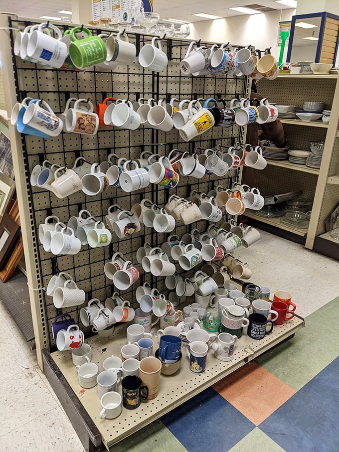 Mug collectors know this display is a goldmine—each handle represents someone's morning ritual, ready to become part of yours.