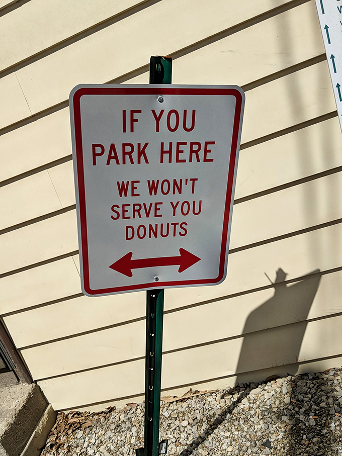The parking sign's gentle threat—no donuts for rule-breakers—might be the most effective deterrent in Ohio. Some risks simply aren't worth taking.