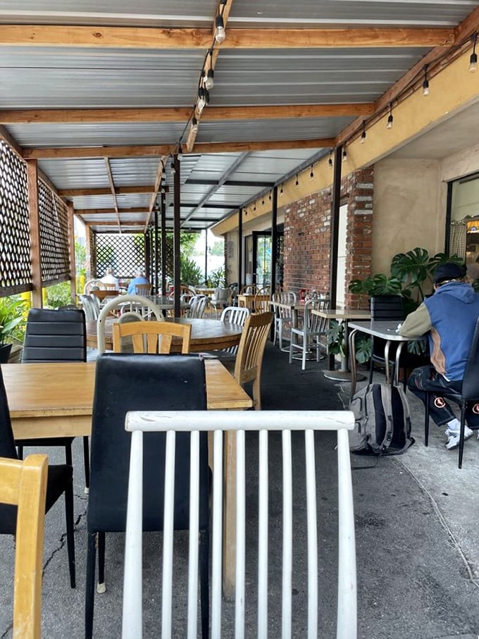 The patio at Teddy's offers al fresco dining without pretension—just fresh air, mismatched chairs, and the promise of pancakes under a California sky.