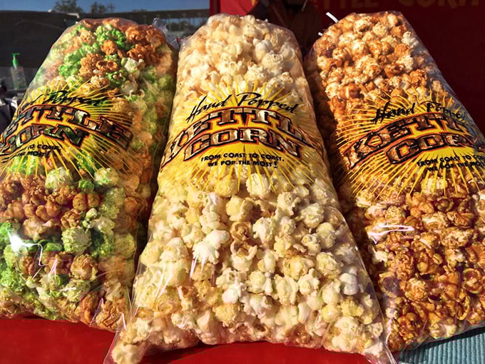 Kettle corn heaven! These colorful bags of sweet-salty perfection are the unofficial fuel that powers serious flea market expeditions.