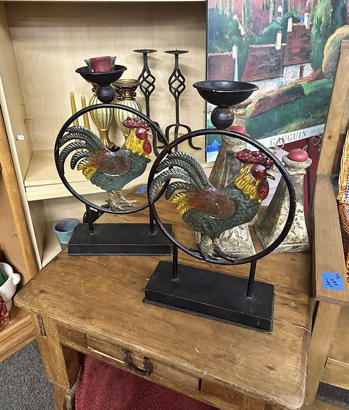 Decorative rooster candle holders add farmhouse charm to any kitchen or dining room décor scheme. 